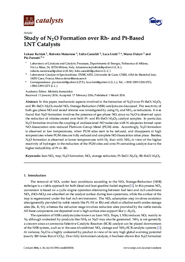 (PDF) Study of N2O Formation over Rh- and Pt-Based LNT Catalysts