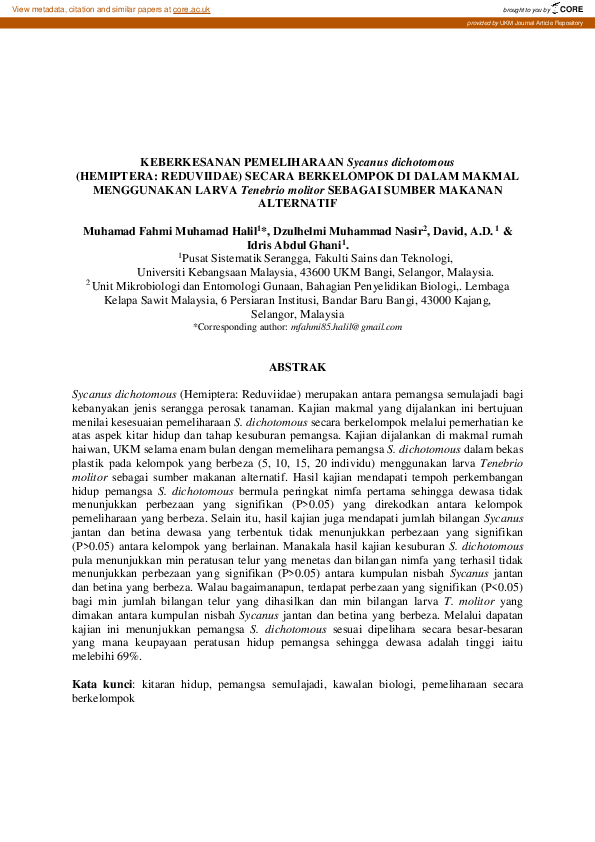 Pdf Keberkesanan Pemeliharaan Sycanus Dichotomous Hemiptera