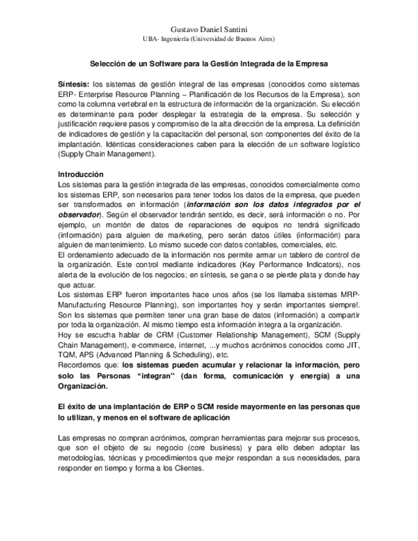 (PDF) Seleccion e Implementacion de un Sistema ERP - Gestión Integrada