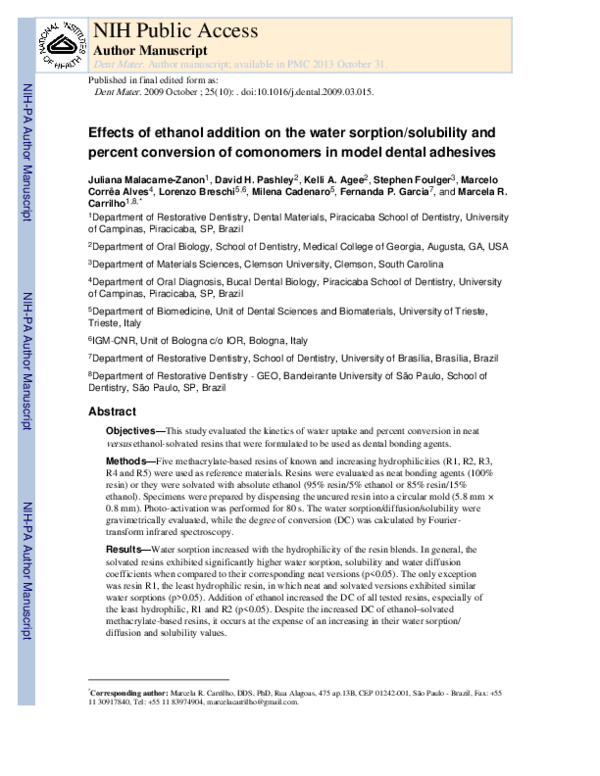 (PDF) Effects of ethanol addition on the water sorption/solubility and percent conversion of ...