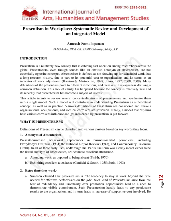 (PDF) Presentism in Workplace: Systematic Review and Development of an ...