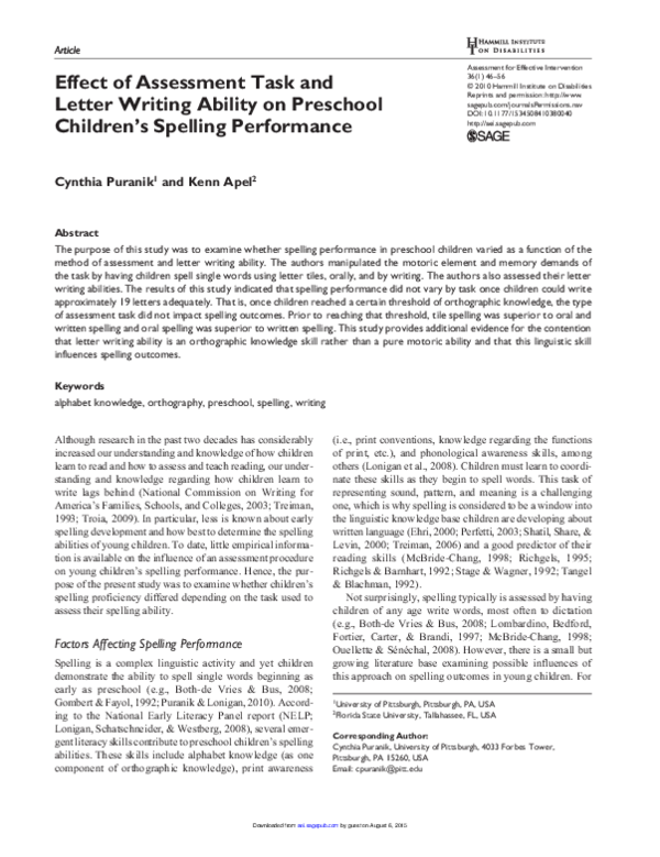 (PDF) Effect of Assessment Task and Letter Writing Ability on Preschool ...