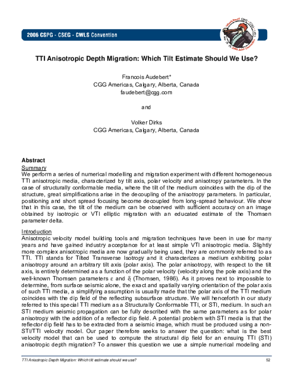 (PDF) TTI Anisotropic Depth Migration - Which Tilt Estimate Should We Use?