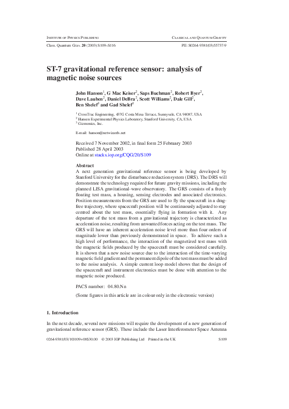 (PDF) ST-7 gravitational reference sensor: analysis of magnetic noise ...