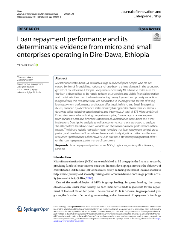 (PDF) Loan repayment performance and its determinants: evidence from micro and small enterprises ...