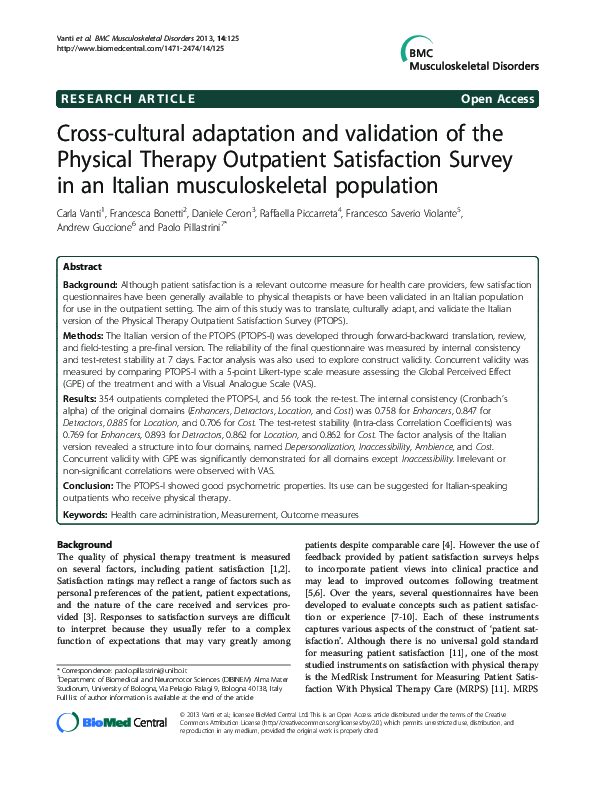 (PDF) Cross-cultural adaptation and validation of the Physical Therapy Outpatient Satisfaction ...