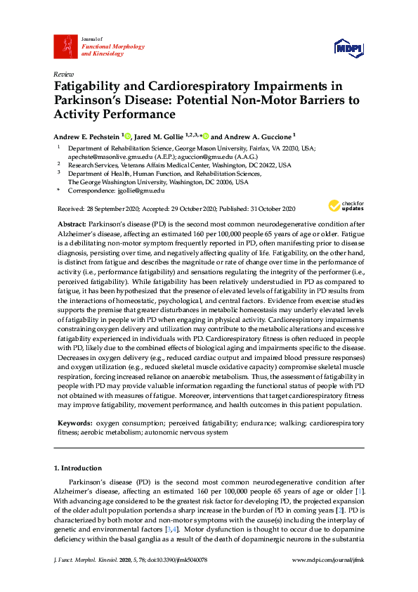 (PDF) Fatigability and Cardiorespiratory Impairments in Parkinson’s Disease: Potential Non-Motor ...