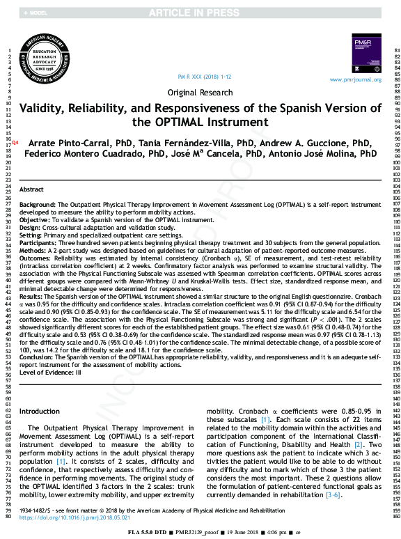 Pdf Validity Reliability And Responsiveness Of The Spanish Version Of The Optimal Instrument