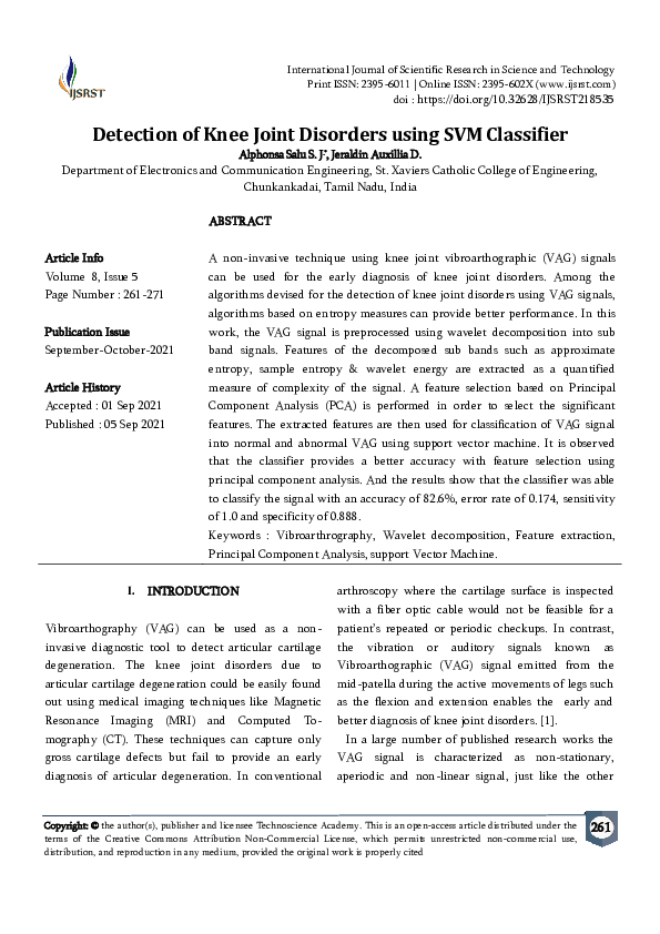 Pdf Detection Of Knee Joint Disorders Using Svm Classifier Alphonsa Salu