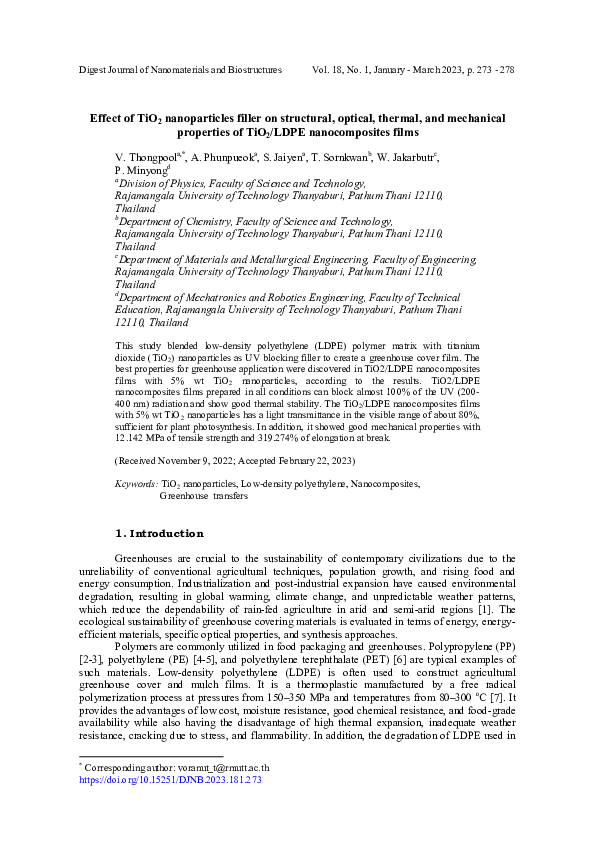 (PDF) Effect of TiO 2 nanoparticles filler on structural, optical, thermal, and mechanical ...
