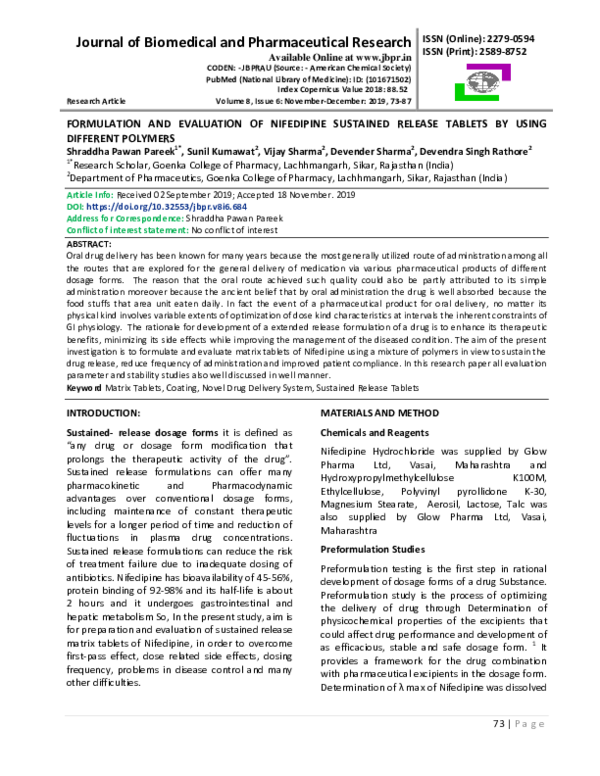 Pdf Formulation And Evaluation Of Nifedipine Sustained Release Tablets By Using Different Polymers