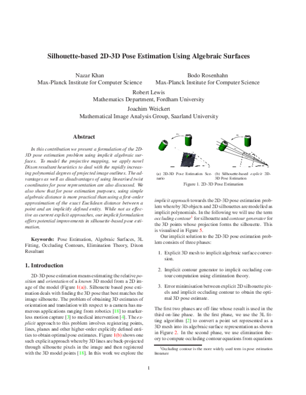 Pdf Silhouette Based 2d 3d Pose Estimation Using Algebraic Surfaces