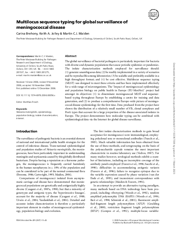 (PDF) Multilocus sequence typing for global surveillance of meningococcal disease
