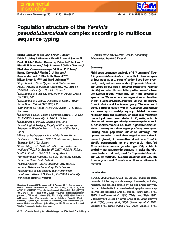 (PDF) Population structure of the Yersinia pseudotuberculosis complex according to multilocus ...