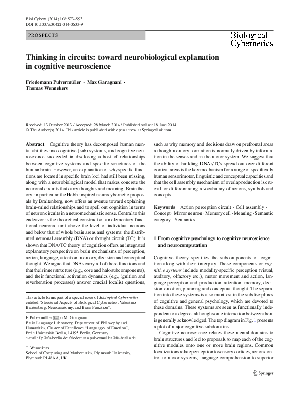 (PDF) Thinking in circuits: toward neurobiological explanation in cognitive neuroscience