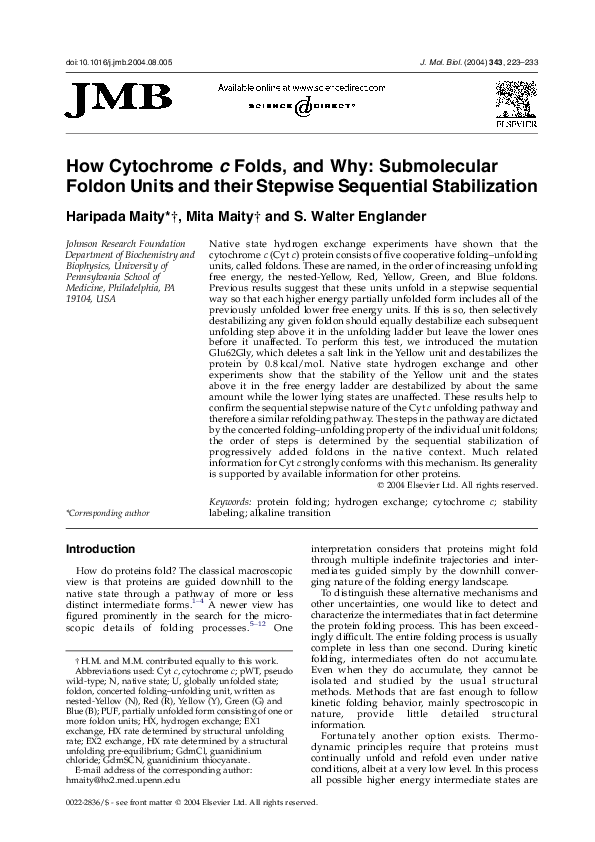 (PDF) Sequential Stabilization of Cytochrome c Foldons Revealed