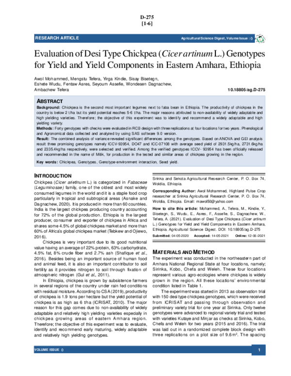 (PDF) Evaluation of Desi Type Chickpea (Cicer artinum L.) Genotypes for Yield and Yield ...