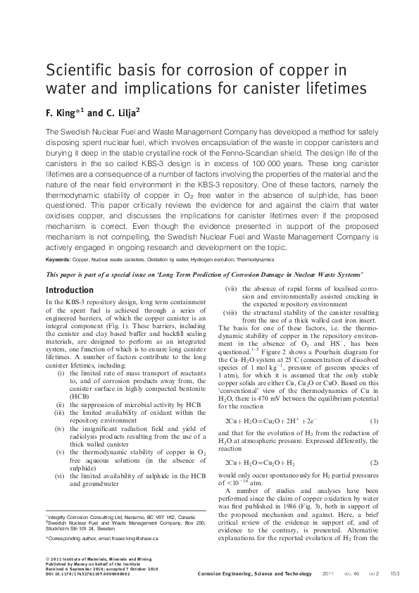 (PDF) Scientific basis for corrosion of copper in water and ...