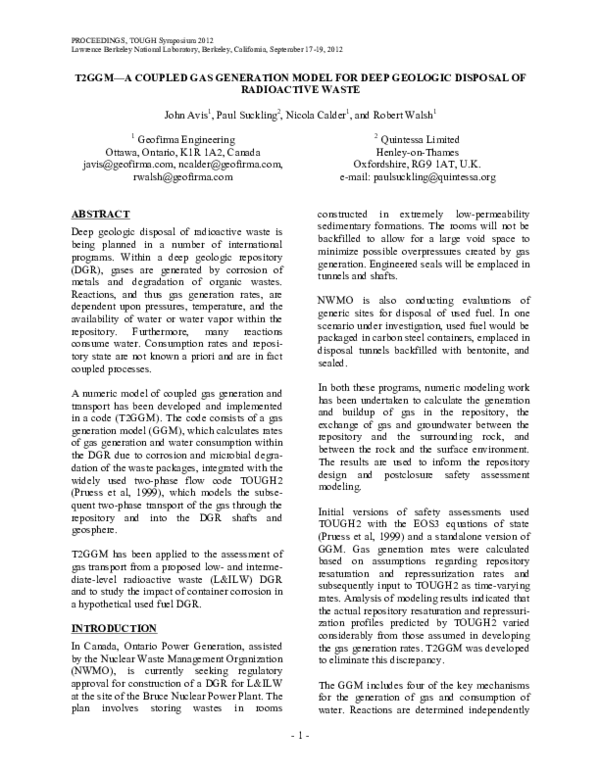 (PDF) T2GGM: A Coupled Gas Generation Model for Deep Geologic Disposal ...
