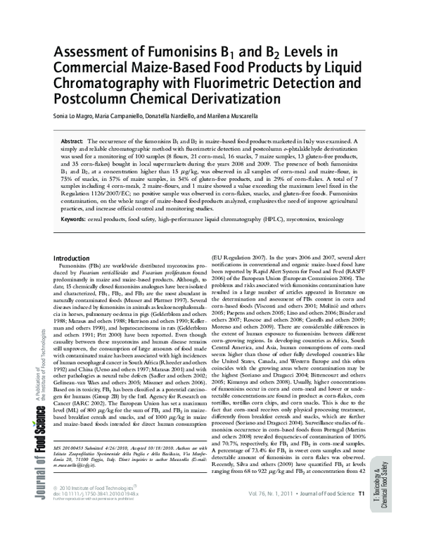 (PDF) Assessment of Fumonisins B1 and B2 Levels in Commercial Maize ...