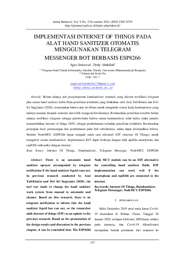 (PDF) Implementasi Internet of Things Pada Alat Hand Sanitizer Otomatis Menggunakan Telegram ...