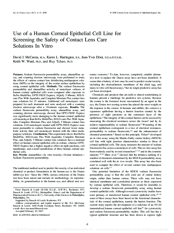 (PDF) Safety Screening of Contact Lens Solutions on Corneal Cells
