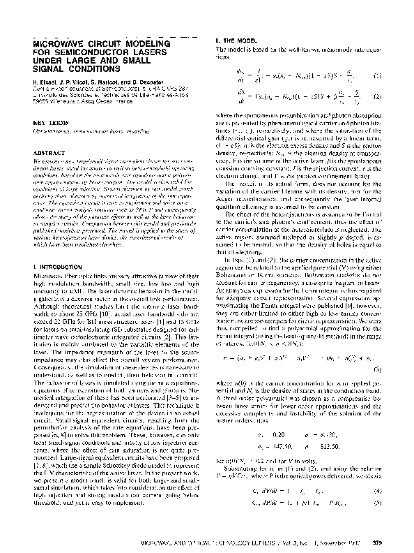 (PDF) Microwave circuit modeling for semiconductor lasers under large and small signal conditions