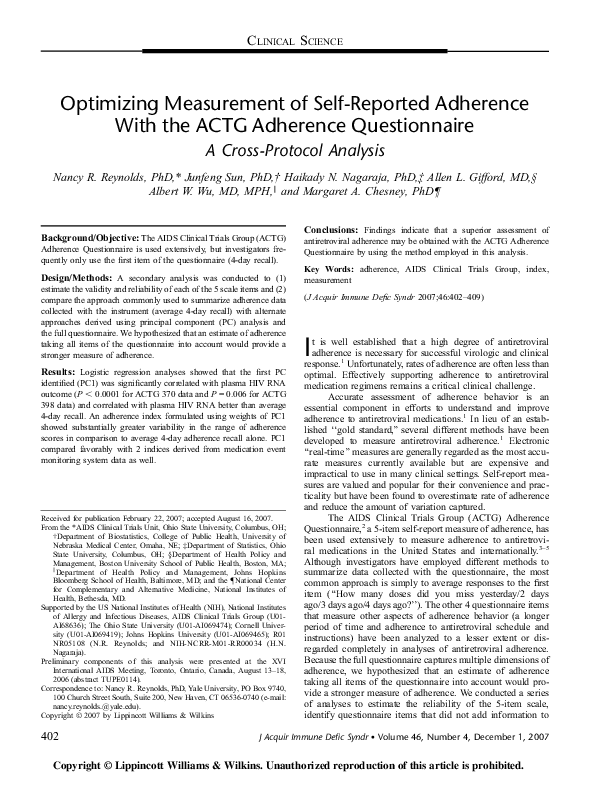 (PDF) Enhancing ACTG Adherence Questionnaire Analysis