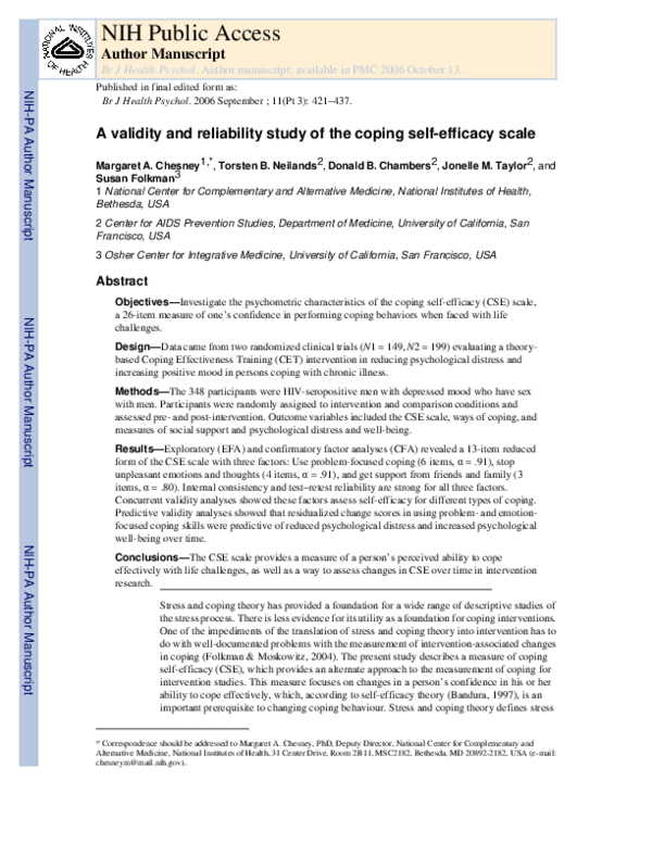 (PDF) A validity and reliability study of the coping self-efficacy scale