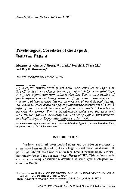 (PDF) Psychological correlates of the Type A behavior pattern