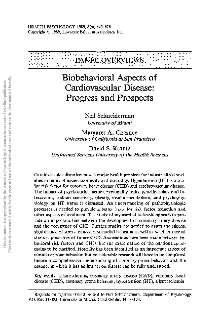 (PDF) Biobehavioral aspects of cardiovascular disease: Progress and ...