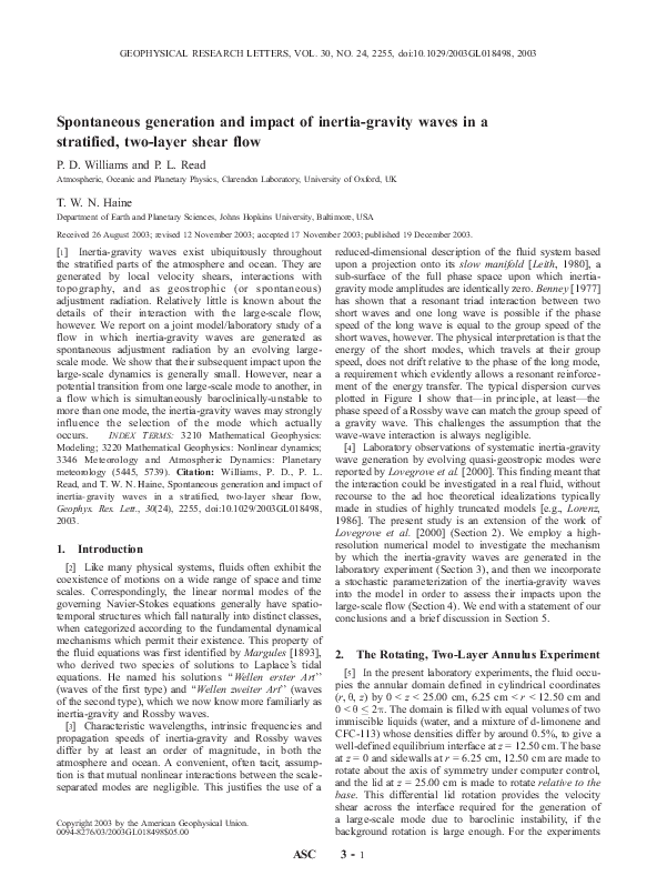 Pdf Spontaneous Generation And Impact Of Inertia Gravity Waves In A Stratified Two Layer