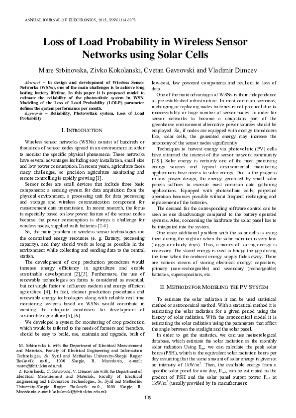 (PDF) Loss of Load Probability in Wireless Sensor Networks using Solar Cells