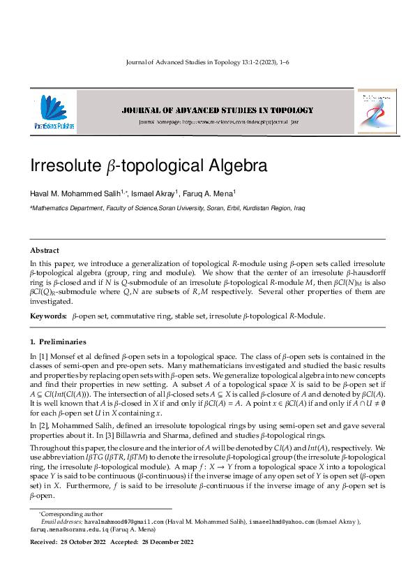 (PDF) Irresolute \(\beta\)-topological Algebra