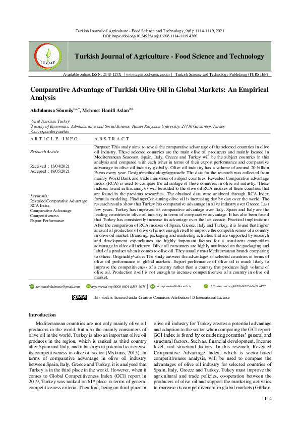 (PDF) Comparative Advantage of Turkish Olive Oil in Global Markets: An Empirical Analysis