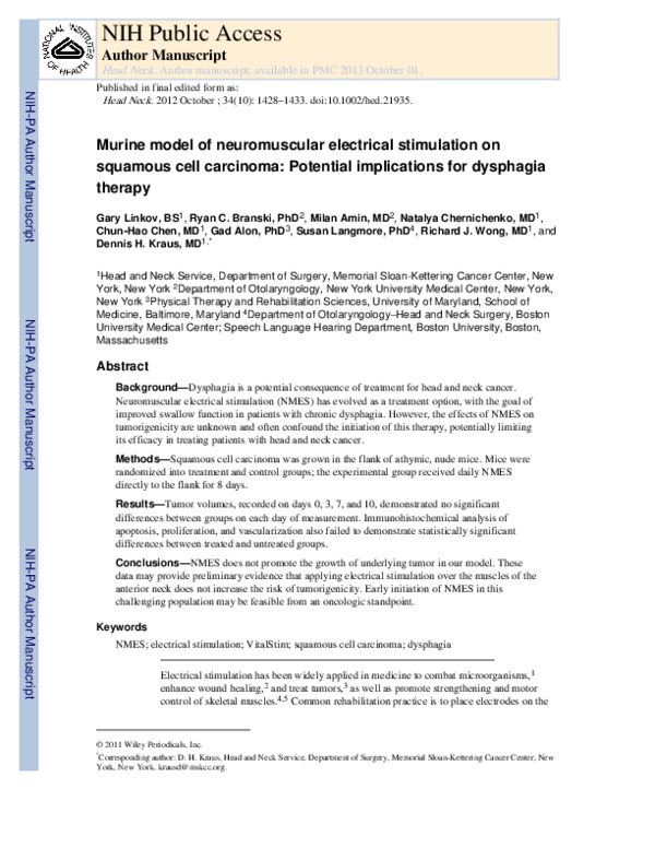 (PDF) Murine model of neuromuscular electrical stimulation on squamous cell carcinoma: Potential ...