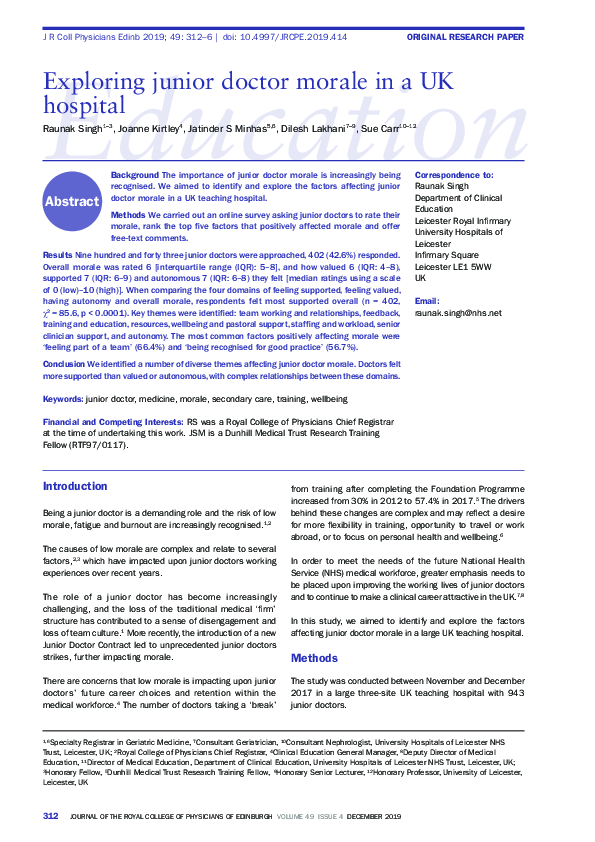(PDF) Exploring Junior Doctor Morale in a Uk Hospital