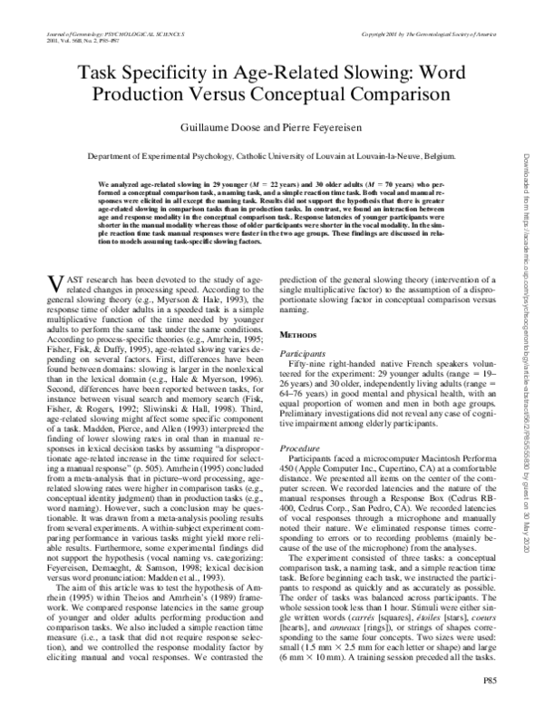 (PDF) Task Specificity in Age-Related Slowing: Word Production Versus Conceptual Comparison