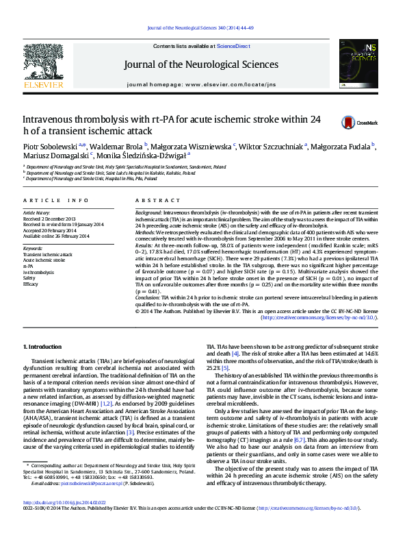 (PDF) Intravenous thrombolysis with rt-PA for acute ischemic stroke ...
