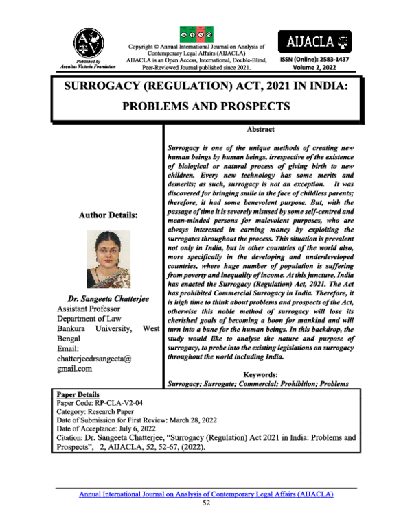 (PDF) Surrogacy (Regulation) Act, 2021 in India: Problems And Prospects