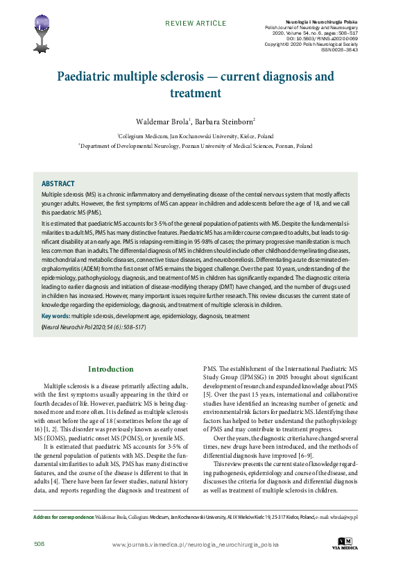 (PDF) Pediatric multiple sclerosis – current status of epidemiology, diagnosis and treatment