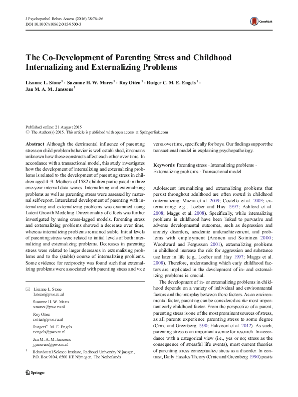 (PDF) The Co-Development of Parenting Stress and Childhood Internalizing and Externalizing Problems