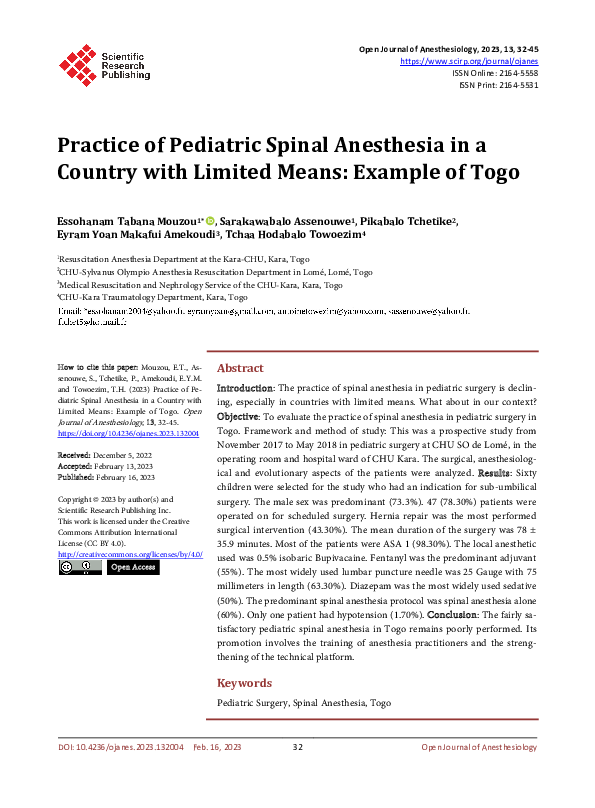 (PDF) Practice of Pediatric Spinal Anesthesia in a Country with Limited ...