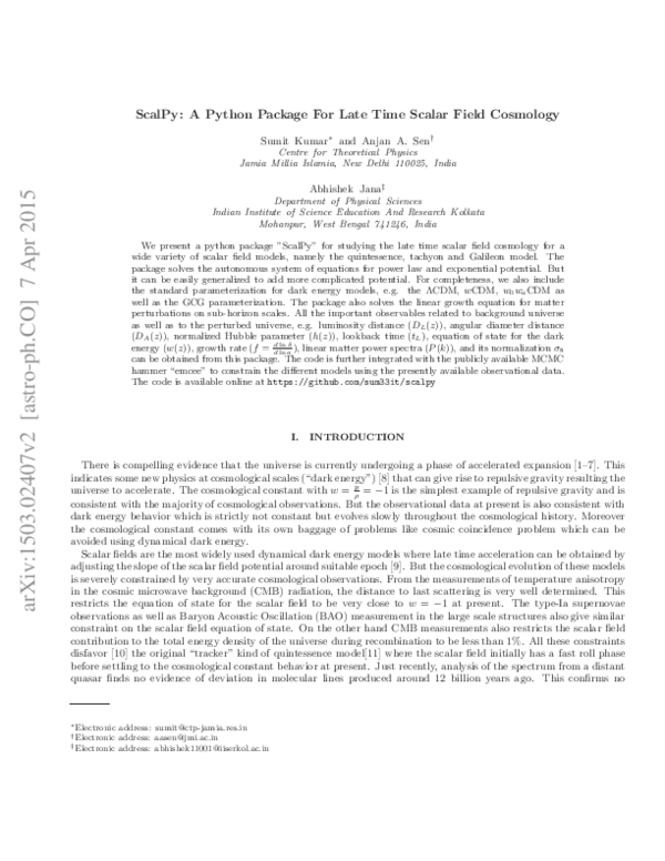 (PDF) ScalPy: A Python Package For Late Time Scalar Field Cosmology