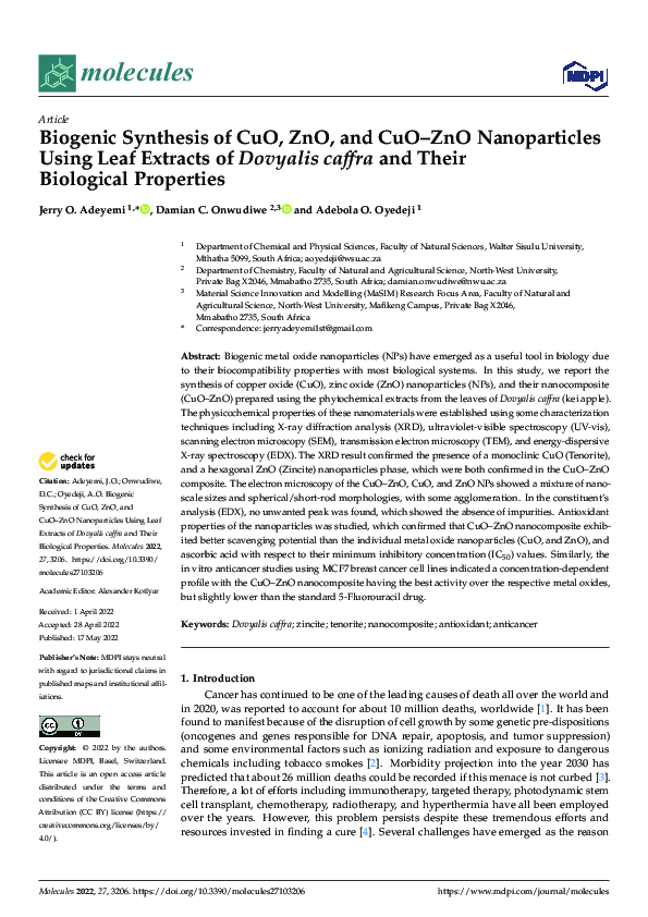 (PDF) Biogenic Synthesis of CuO, ZnO, and CuO–ZnO Nanoparticles Using Leaf Extracts of Dovyalis ...