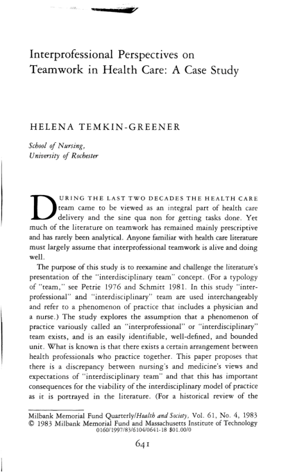 (PDF) Interprofessional Perspectives on Teamwork in Health Care: A Case ...