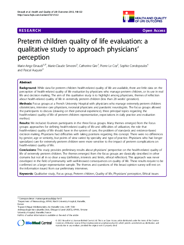 (PDF) Preterm children quality of life evaluation: a qualitative study ...