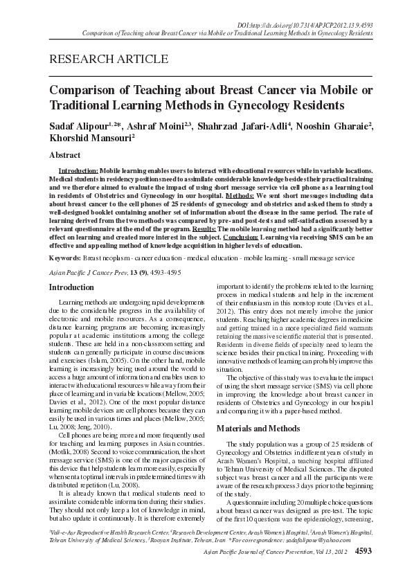 (PDF) Comparison of Teaching about Breast Cancer via Mobile or ...