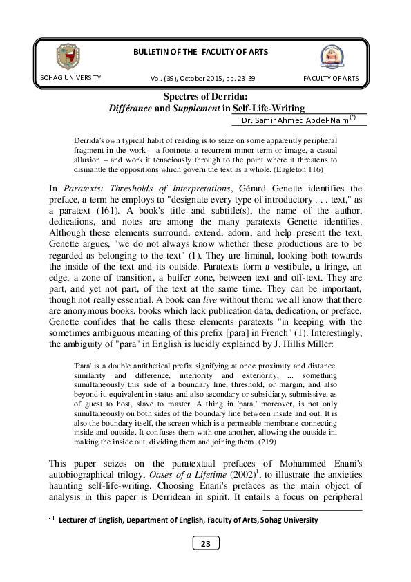 (PDF) Spectres of Derrida: Différance and Supplement in Self-Life ...