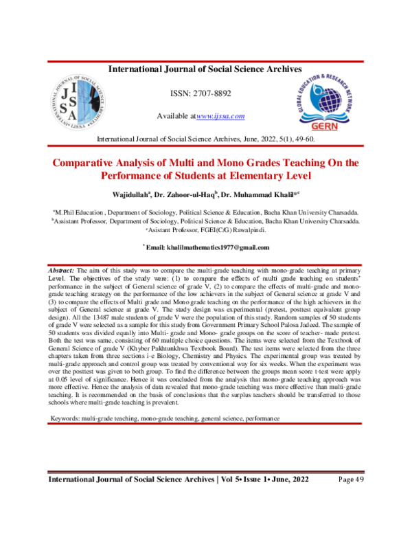 (PDF) Comparative Analysis of Multi and Mono Grades Teaching On the Performance of Students at ...